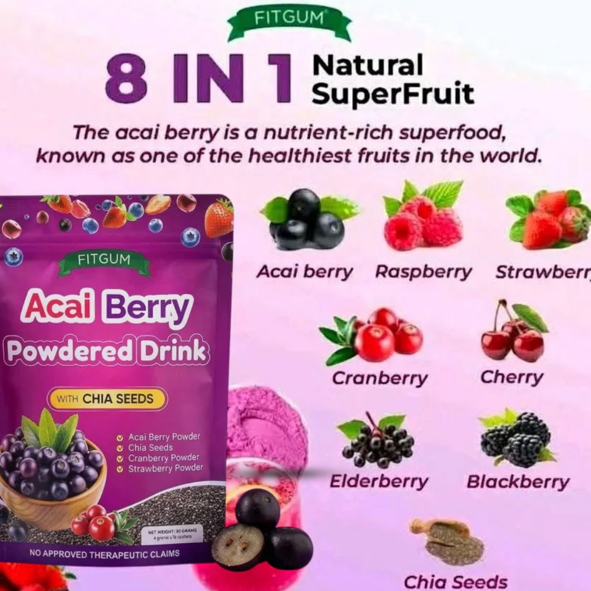 FITGUM Acai Berry Drink Powder with Chia Seeds | 10 Sachets Beverage ...
