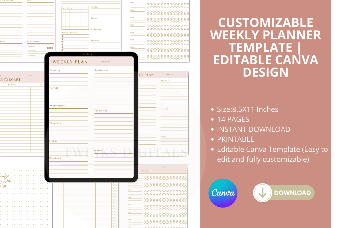 Customizable Weekly Planner Template | Editable Canva Design – Skin ...